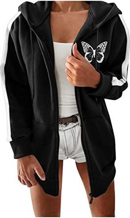 Generic 2026 Vestes pour femmes Automne Hiver Casual Loose Polaire &agrave; Capuche Zipp&eacute;e Manches Longues Imprim&eacute; Veste Manteau, Noir, XL