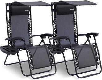 SereneLife Liegestuhl Klappbar 2er Set, Gartenliege Wetterfest für Balkon, Strand, Terrasse & Garten, Campingstuhl mit Sonnendach, Beistelltisch & Getränkehalter