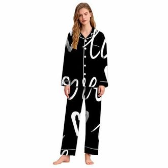 Generic Ensemble de pyjama 2 pi&egrave;ces en satin de soie pour femme - Imprim&eacute; coeur romantique - Chemise &agrave; manches longues avec pantalon - V&ecirc;tement de d&eacute;tente d&eacute;c