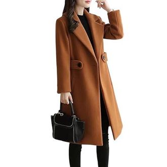 Generic Manteau long femme &eacute;l&eacute;gant et d&eacute;contract&eacute;, col crant&eacute;, simple boutonnage, coupe ajust&eacute;e, m&eacute;lange de laine, style trench coat mi long, kaki, taille S