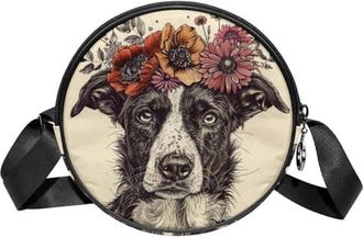 Generic Petit sac &agrave; bandouli&egrave;re rond pour femme, motif fleurs de chien, sac &agrave; dos avec fermeture &eacute;clair, bretelles r&eacute;glables, sac &agrave; main rond d&eacute;contract&eacute; pour