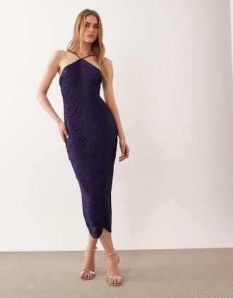 Mango Capsule - Neckholder-Midikleid in Dunkelblau mit Fransenbesatz