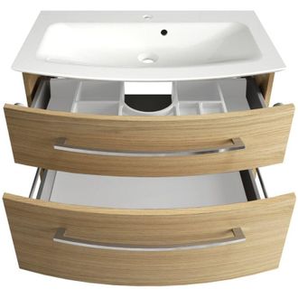 Fackelmann b.style Badm&ouml;bel Set mit Waschbecken mit Unterschrank 80 cm breit - LED-Spiegelschrank - Midischrank und Hochschrank in Holz braun