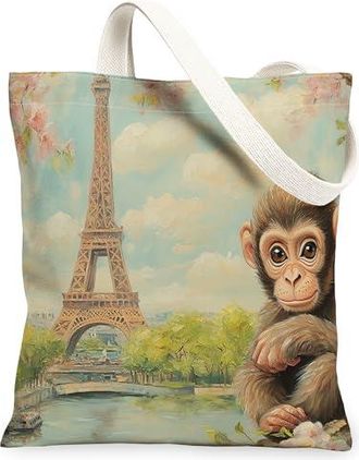 Generic Sac fourre-tout en toile de singe printanier pour le shopping 33 x 38,1 cm, tour romantique, sac d&eacute;picerie r&eacute;utilisable pour femme, motif animal, voya