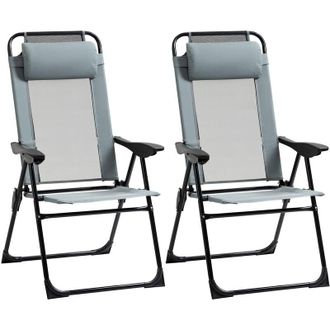 OUTSUNNY Lot de 2 chaises de jardin camping pliables - dossier inclinable 5 positions - t&eacute;ti&egrave;re incluse - acier &eacute;poxy oxford textil&egrave;ne noir