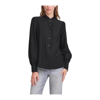 Ichi Lang&auml;rmlige Bluse mit Stehkragen und Knopfleiste - - Blouses & Shirts - Damen - Schwarzk - 2XS