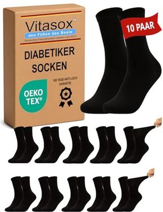 Vitasox Chaussettes pour diabétiques pour homme, sans élastique et respectueuses des veines, anti-coupure et anti-pression, 10 x noir., 43-46