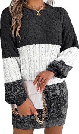 Generic Robe Pull Femme Col Rond Manches Lanternes Mini Robe Tricotée Ample Pull Épais Décontracté