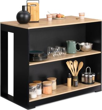 IDMarket Bartisch Insel Juno Holz schwarz und Tischplatte in Buche-Optik