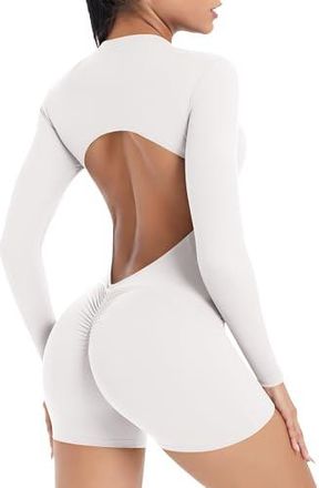 Feoya Combinaison courte pour femme - Combinaison de sport dos nu - Grenouill&egrave;re rembourr&eacute;e - Pour entra&icirc;nement, yoga, gym, blanc, S