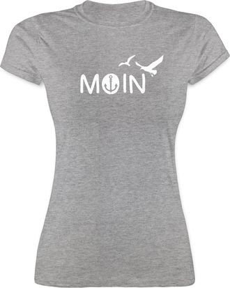 Shirtracer Shirt Damen - Spr&uuml;che Statement - Moin Moin Hamburg Maritime Nordsee Geschenk - M - Grau meliert - Tshirt Funshirts mit Aufschrift Boot f&uuml;r Frauen Sta