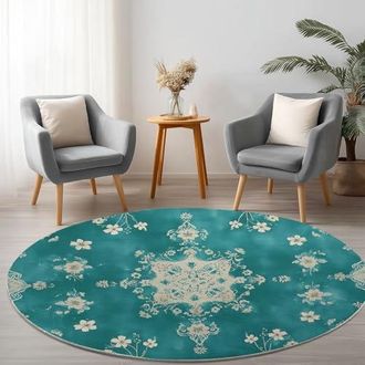 Generic Bleu Tapis Ancien Rond Antid&eacute;rapant, Aquarelle Magnifique Fleurs Motif Doux Tapis Poils Courts pour Salon Couloir Chambre Cuisine Descente de Lit - 12