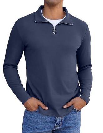 Coofandy Pull en polaire avec demi-fermeture &eacute;clair pour homme, sweat &agrave; manches longues, pour lext&eacute;rieur, automne et hiver, chaud, l&eacute;ger, Bleu marine, L