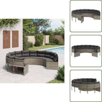vidaXL Gartensofa mit Kissen Rund Grau Poly Rattan - Gartenm&ouml;bel - Outdoor-Sofa - Rattan-Sofa - Gartensofa Rund - Lounge Set - The Living Store