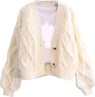Generic Cardigan tricot&eacute; pour femme - Printemps - L&acirc;che - SLE - Haut boutonn&eacute; - Manches longues - Col en V, ecru, Taille XL