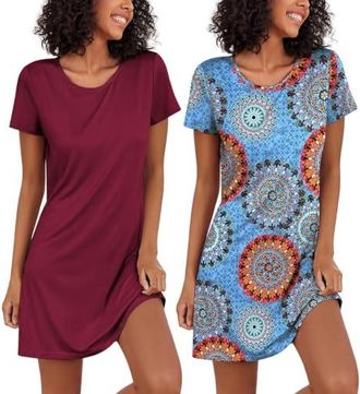 Ekouaer Chemise de Nuit Manches Courtes 2pcs Tee Shirt de Nuit Femme Coton Robe de Nuit Col Rond Vêtements de Nuit Sexy, Weinrot + Floral, XXL