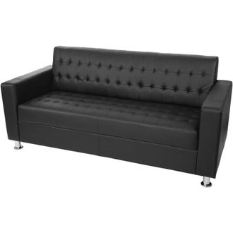 Hhg 3er Sofa Pori, Couch Loungesofa, Kunstleder, Metall-F&uuml;&szlig;e 180cm schwarz