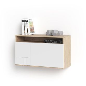 HERDASA Bureau mural, modèle OPORTO, en mélamine avec porte rabattable. Chêne clair et Blanc