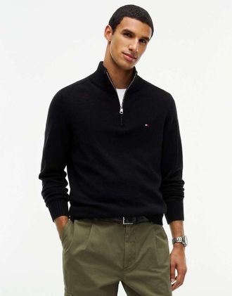 Tommy Hilfiger Pullover aus reiner Lammwolle mit Viertelrei&szlig;verschluss in Schwarz