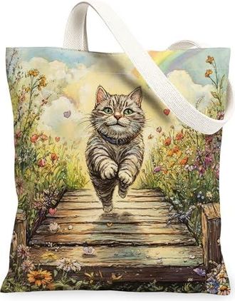 Generic Sac fourre-tout en toile motif chat britannique &agrave; poil court pour le shopping, 33 x 38 cm, sac d&eacute;picerie r&eacute;utilisable pour femme, motif floral amusant
