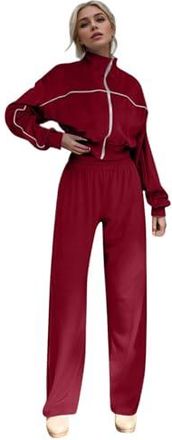 Generic Ensemble Sport Femme Zipp&eacute;- Ensemble Chic Et Elegant Manches Longues Veste Et Taille &Eacute;lastique Droit Pantalons D&eacute;contract&eacute; Coupe Ample Ext&eacute;rieur Joggi