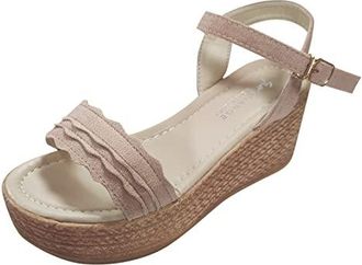 Generic Sandales compens&eacute;es pour femme - Sandales &agrave; plateforme tiss&eacute;e et tress&eacute;e &agrave; talons carr&eacute;s - Chaussures confortables &agrave; bout ouvert - Sandales &agrave; une band