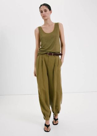 Mango Top lin col rond olive - Femme - XXS - MANGO