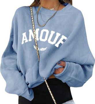 ORANDESIGNE Sweatshirts Femme Y2K Lettre Imprim&eacute; Original Sweat-Shirt Manche Longue Col Rond L&acirc;che Vintage D&eacute;contract&eacute; Pulls Tops Blouse Streetwear A Bleu S