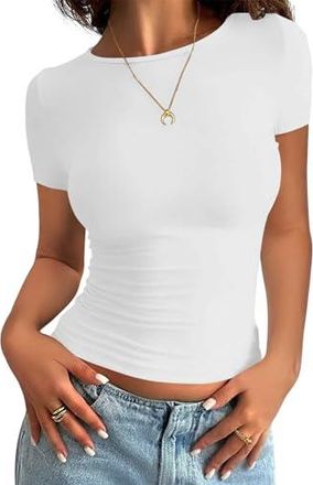 Minetom T-shirt slim fit basique à manches courtes crop top décontracté col rond Y2K tops été hauts stretch serré filles adolescentes streetwear vintage tenue