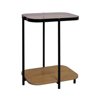 Sweeek Bout de canap&eacute; Vintage en m&eacute;tal Noir avec 2 Plateaux (Verre et d&eacute;cor Bois). Bords arrondis