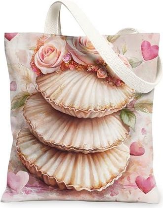 Generic Sac fourre-tout en toile coquillage festonn&eacute; pour le shopping 33 x 38 cm, sac d&eacute;picerie r&eacute;utilisable pour la Saint-Valentin, motif roses mignonnes pou