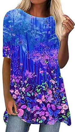 Generic Tunique Long Femme Sexy, Tee Shirt Imprim&eacute; Fleuri-Top Ete Crew Neck Manche Courte Haut Chic Et &Eacute;l&eacute;gant Slim Fit Chemise Respirant Casual Classique Reg