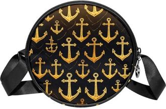 Generic Petit sac &agrave; bandouli&egrave;re circulaire pour femme, motif ancres dor&eacute;es, petit sac &agrave; dos &agrave; bandouli&egrave;re avec fermeture &eacute;clair, bretelles r&eacute;glables, sac &agrave; ma