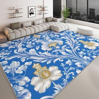 Generic Tapis Bleu Lavable pour Salon, Tapis &agrave; Poils Courts Antid&eacute;rapant R&eacute;tro &Eacute;l&eacute;gant Feuilles Fleurs pour Enfants Bureau Salle &agrave; Manger Cuisine et Chambre d