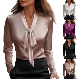 Generic HUIFUAO Chemisier en satin pour femme avec col en V et manches longues en soie &eacute;l&eacute;gante pour le bureau, le travail, les affaires, les sorties quotidie