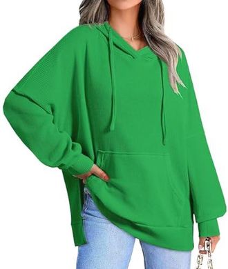 Generic Pull &agrave; capuche surdimensionn&eacute; pour femme d&eacute;contract&eacute; &agrave; manches longues en tricot avec cordon de serrage, Vert, XXL