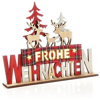 Com-Four Support décoratif LED en Bois - Lettrage Lumineux sur Socle en Bois - Lettrage décoratif à Poser pour Noël - lumière dambiance avec minuterie (Rouge +