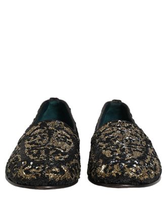 Dolce & Gabbana Mens Black Gold Embellished Dress Loafers Shoes Leather