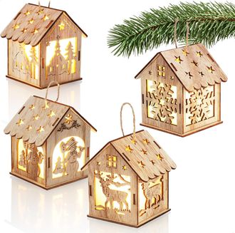 Com-Four 4-teiliges LED Hängedeko-Set aus Holz - Hängefigur Haus mit Beleuchtung - weihnachtliche Dekoration zum Aufhängen - Weihnachtsdeko [Auswahl variiert] 