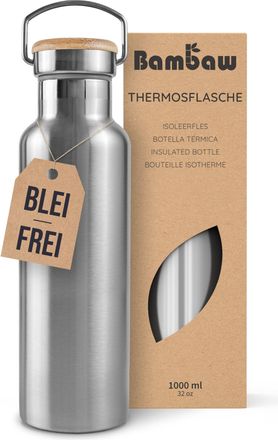 Bambaw Edelstahl Trinkflasche 1 l | Isolierte Thermosflasche f&uuml;r Sport, B&uuml;ro, Schule, Outdoor | Auslaufsicher & ohne Plastik | Langlebige Wasserflasche f&uuml;r h