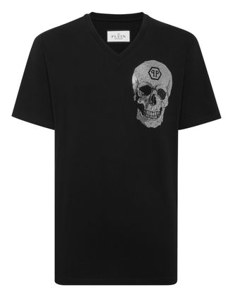 Philipp Plein V Neck Heavy Cotton T-Shirt Crystal Skull