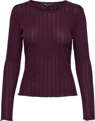 Only Damen Einfarbiges Langarm Shirt Basic Rundhals Rollkanten Top Longsleeve Oberteil ONLCARLOTTA, Farben:Weinrot, Größe:XS