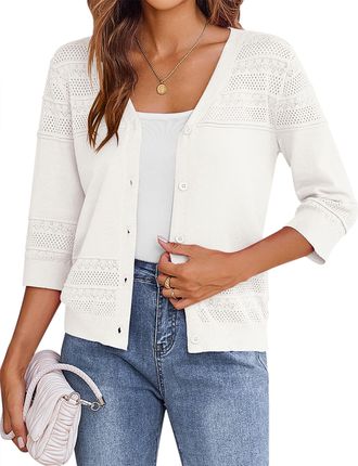 Zeagoo Damen Bolero Elegant Strickjacke Kurz Cardigan Sommer Bolerojacke 3/4 &Auml;rmel Schulterjacke Festlich Kurze Jacke zum Kleid Open Front Mit Kn&ouml;pfen Wei&szlig; M