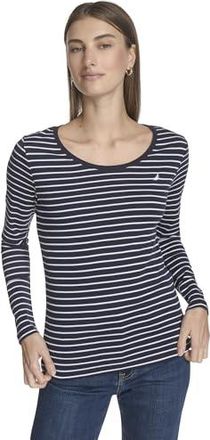 Nautica T-Shirt &agrave; Manches Longues et Encolure d&eacute;gag&eacute;e pour Femme, Bleu Nuit/Blanc Vif, S