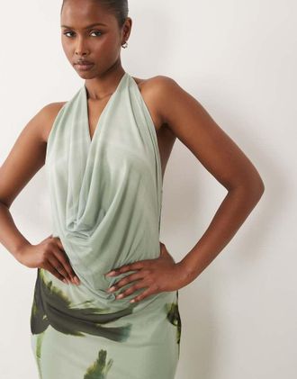 Asos Netzstoff-Maxikleid in Petrol mit Wasserfallausschnitt und Blumenmotiv-Blau