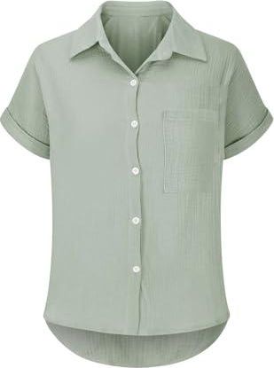 Generic Chemise en lin pour femme - Manches courtes - Col en V - Boutonn&eacute; - D&eacute;contract&eacute; - En mousseline - Chemisier basique - L&eacute;ger et respirant - Chemisier d