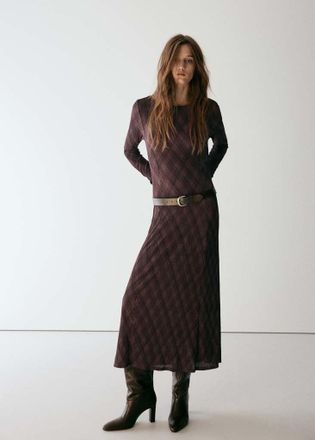 Mango Robe manches longues carreaux marron - Femme - XXS - MANGO