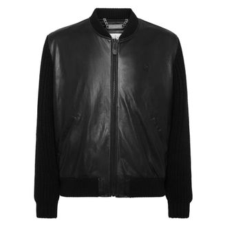 Philipp Plein Homme, Vestes, Noir, Taille: M Bomber en cuir avec manches tricot&eacute;es
