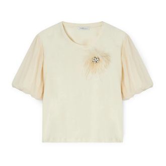 Motivi T-Shirt mit Schmuckbrosche und Federn - - Tops - Damen - Wei&szlig; - XS