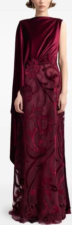 Gemy Maalouf robe longue &agrave; broderie et finitions en velours - Rouge